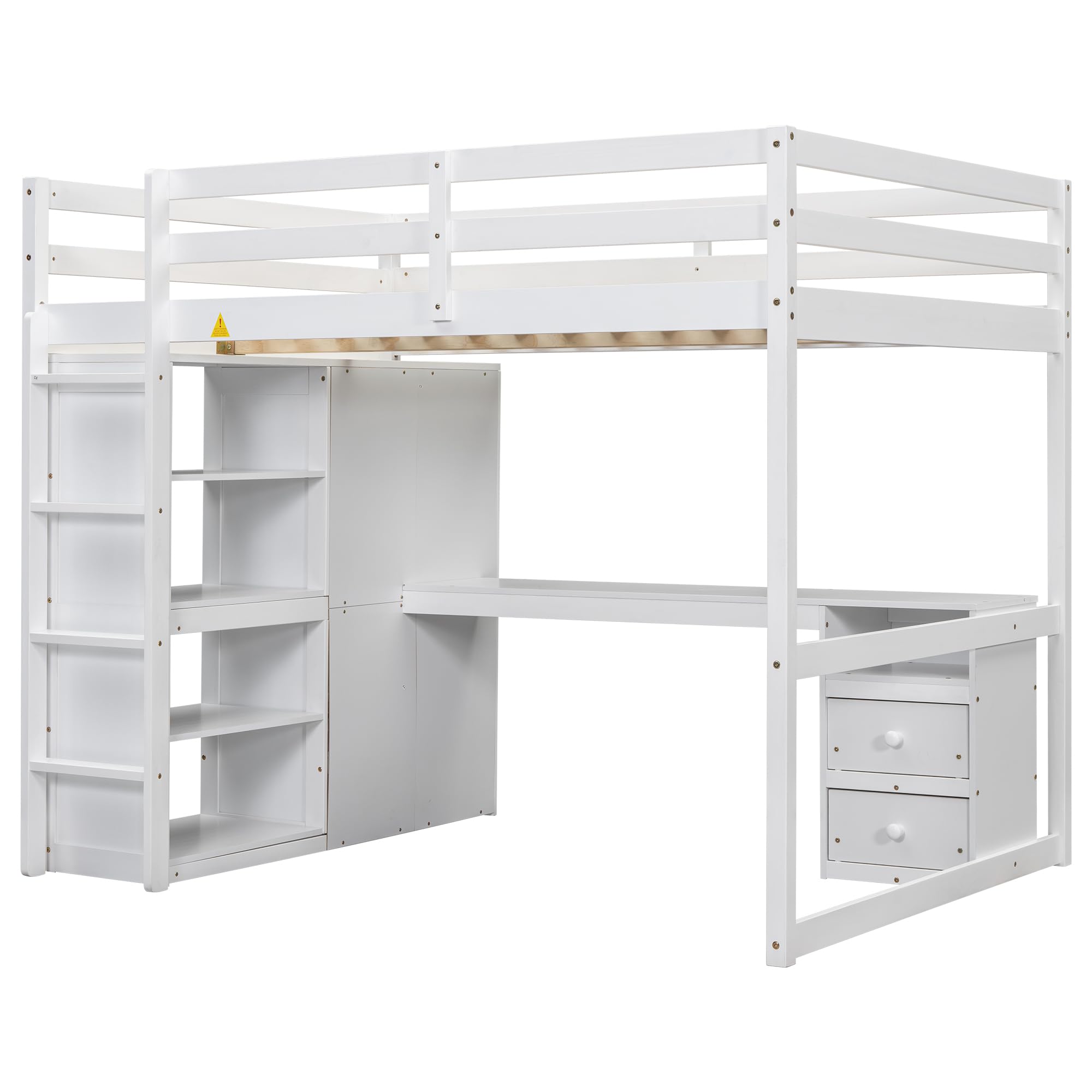 Full Size Loft Bed with Wardrobe and Desk, Wood Loft Bed Frame with Storage Shelves and Drawers for Adults Teens and Kids, White