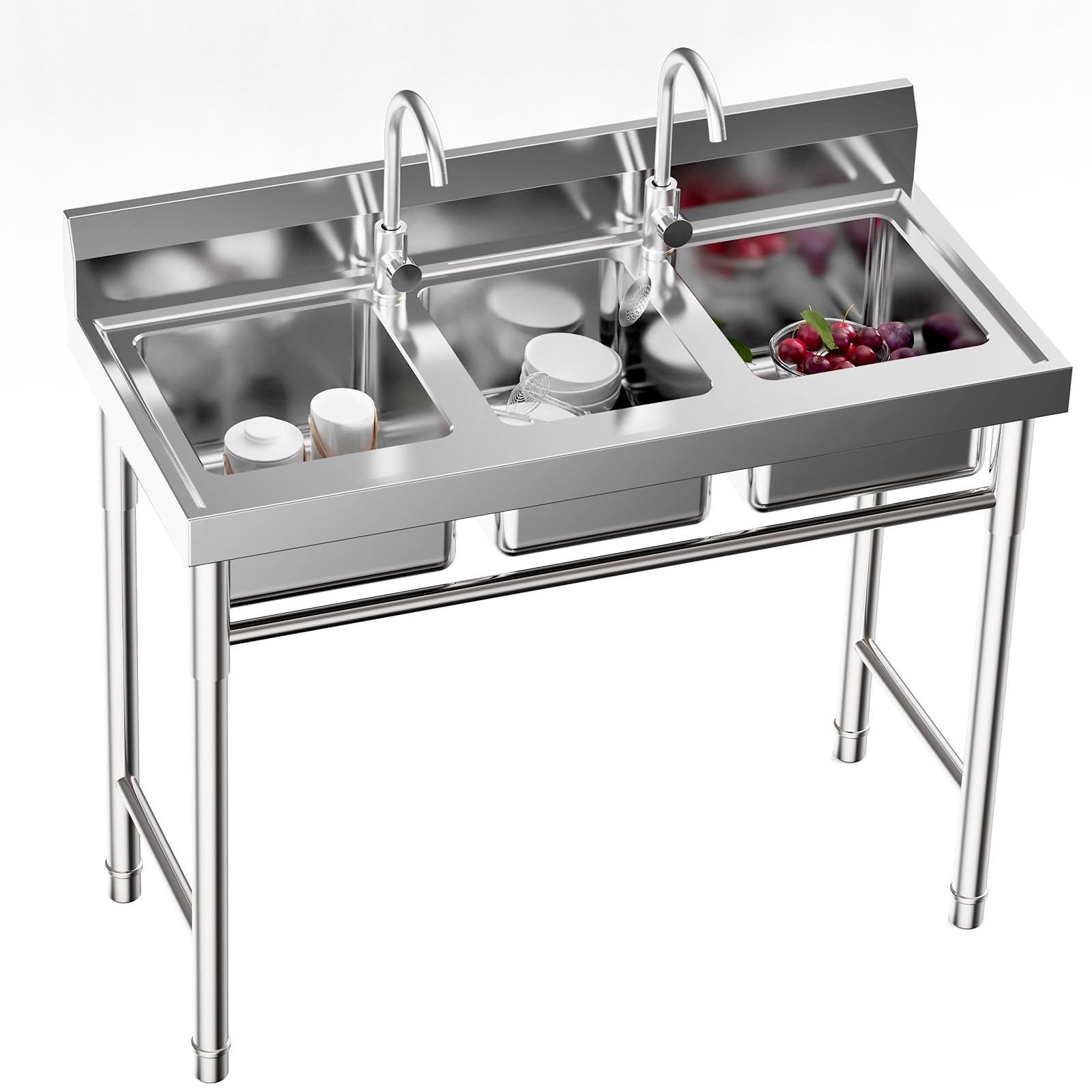 CAIHAOA 3 Compartment Stainless Steel Sink, Free Standing Commercial Utility Sink, 39 x 18 x 35.8inch Commercial Kitchen Sink, Kitchen Prep Sink for Outdoor Indoor Using, Garage, Restaurant, Kitchen