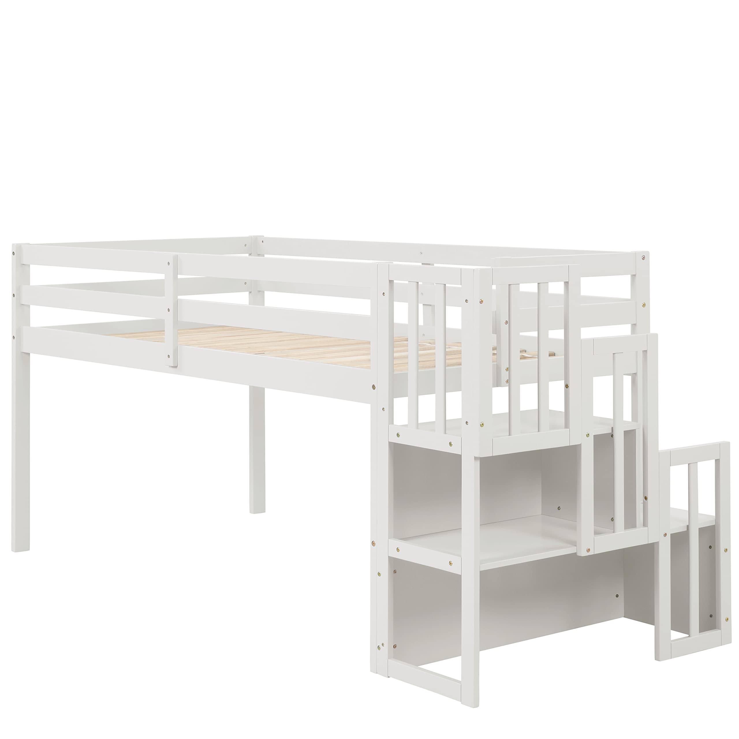 Twin Size Low Loft Bed with Stairs,Kids Loft Bed with Storage Staircase,Twin Bed Frame for Kids with Stairs,Wood Low Loft Bed Twin Size for Boys Girls,White