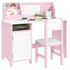 qaba toddler desk and chair set, kids writing desk study table for children with whiteboard, storage cabinet, child furniture, art gifts for kids, pink