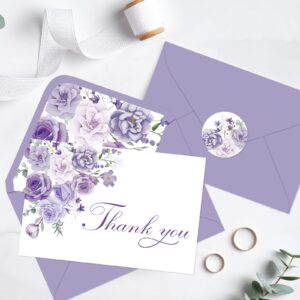 Whaline 24Pcs Lavender Floral Thank You Cards with Envelopes and Stickers Purple Floral Greeting Cards Elegant Flower Blank Note Cards for Party Supplies