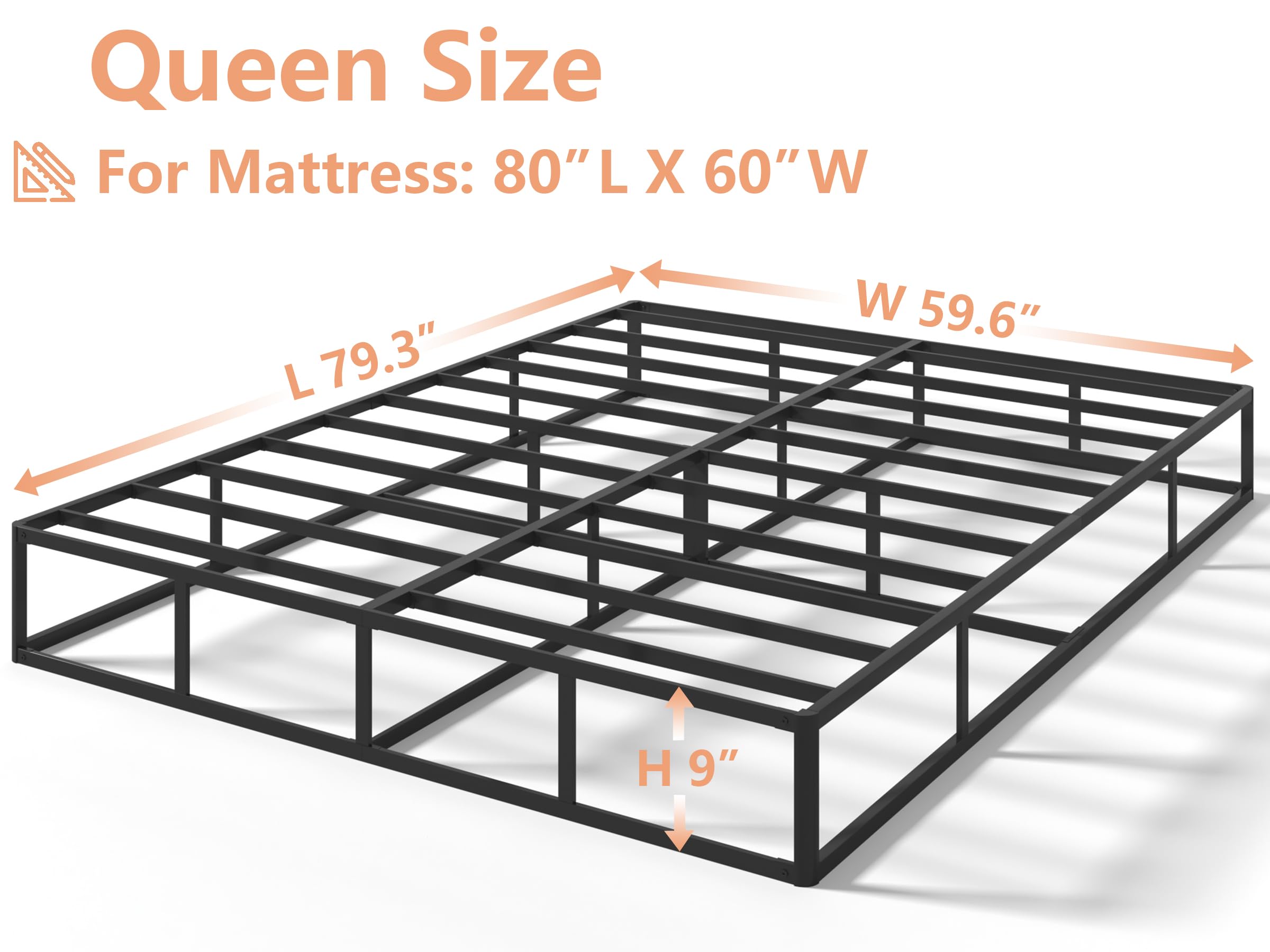 Vitverve Box Spring for Queen Bed, 9 Inch High Metal Queen Box Spring Only, Heavy Duty Mattress Foundation with Fabric Cover, Easy Assembly, Quiet Noise Free, Non Slip, Black