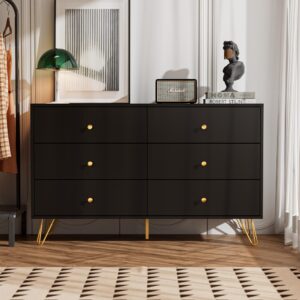 Tradare 6 Drawer Dresser and Night Stand Sets for Bedroom, Two Drawers Nightstand Set of 2 & 6 Drawer Dresser with Gold Handle, Modern Black and Gold Dresser Set