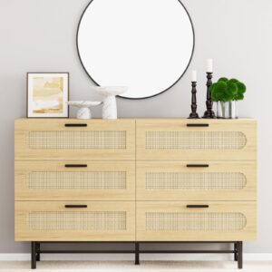 vrullu 6 drawer double dresser for bedroom, natural rattan chest with drawers, modern wood boho dresser with handles, storage closet for closet, living room and entryway (round pattern drawer)