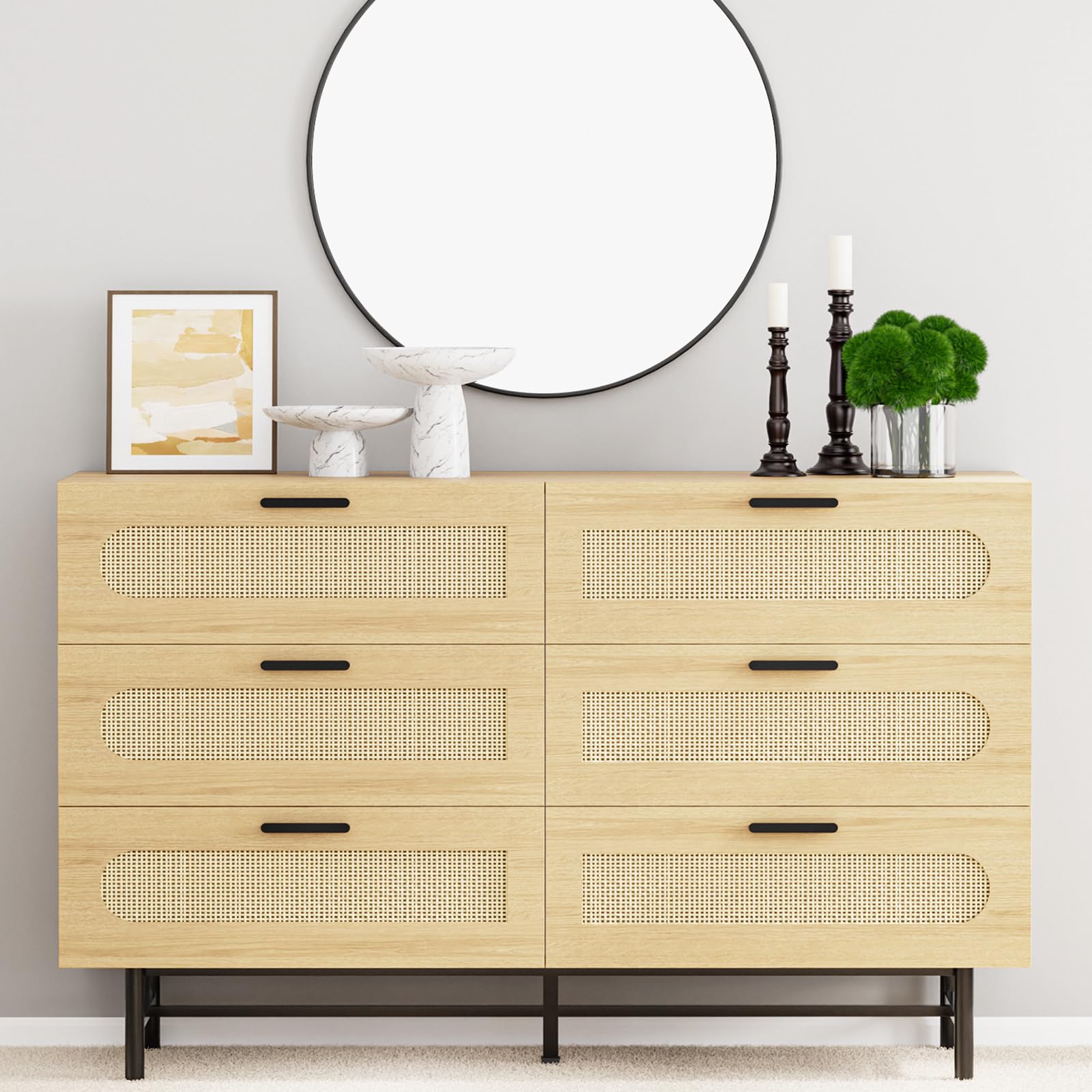 Vrullu 6 Drawer Double Dresser for Bedroom, Natural Rattan Chest with Drawers, Modern Wood Boho Dresser with Handles, Storage Closet for Closet, Living Room and Entryway (Round Pattern Drawer)