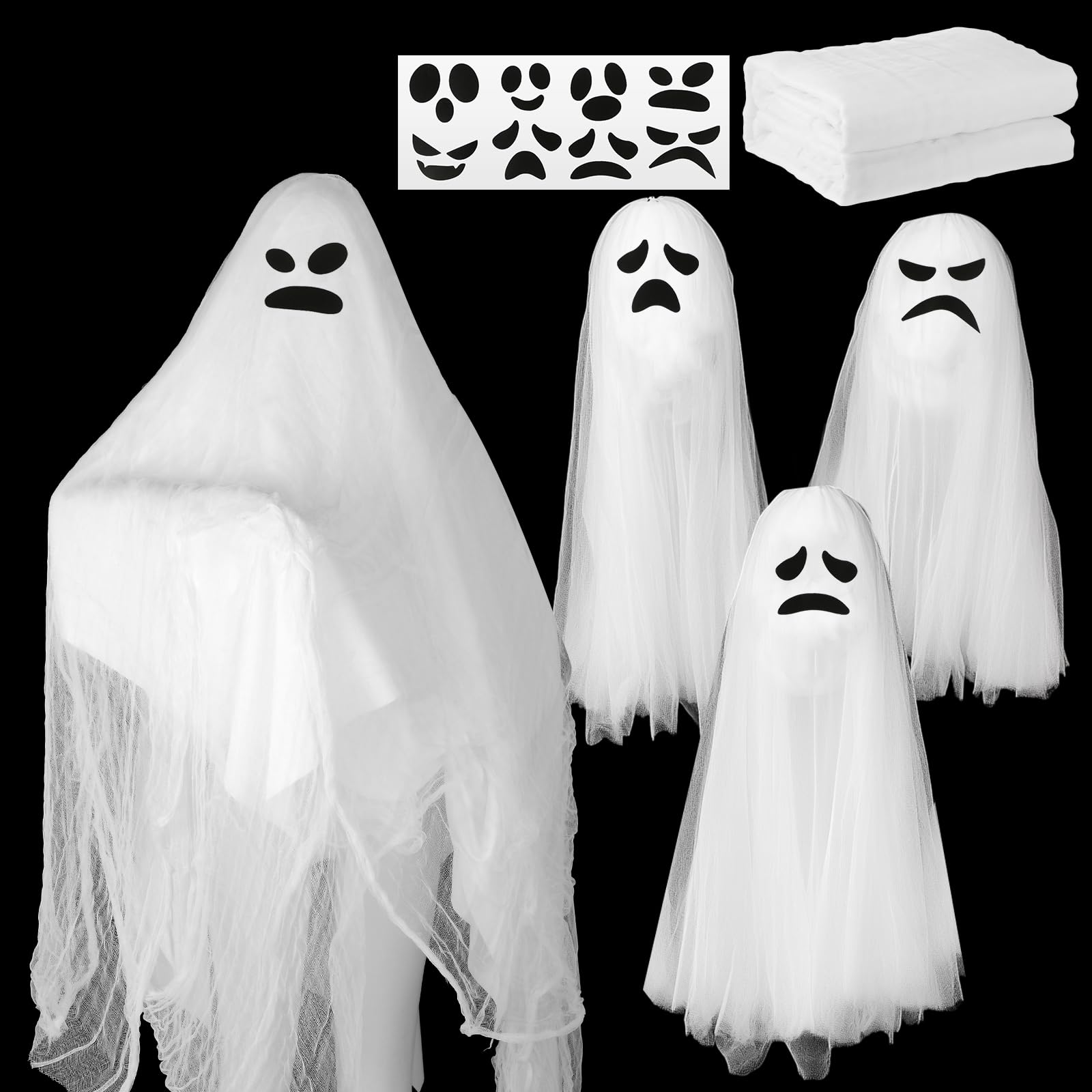 Xtinmee 5.2ft x 98ft Halloween Creepy Cloth White Spooky Fabric Cloth Scary Gauze Cloth and 32 Pcs Adhesive Ghost Halloween Stickers for Halloween DIY Projects Yard Wall Outdoor Party Decoration