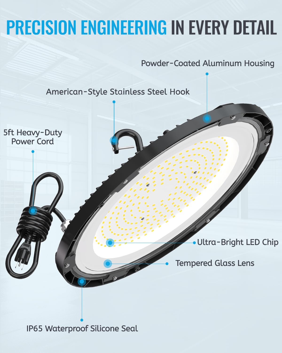 Fullmeii 10Pack 150W UFO LED High Bay Light, 21,000lm 5000K Daylight Commercial Lighting, IP65 Waterproof Shatterproof Fixture with 5' Cable, UL Listed for Industrial Warehouse