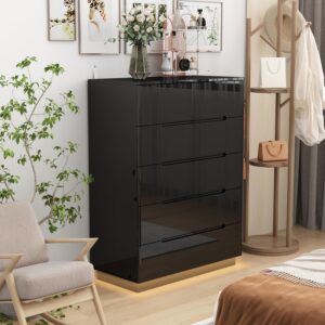 MOUMON High Gloss Dresser with LED Light Chest of Drawers, Glossy 5 Drawer Dresser with Curved Edge, Modern Dresser for Bedroom, Black 31.5”W x 15.7”D x 42.6”H