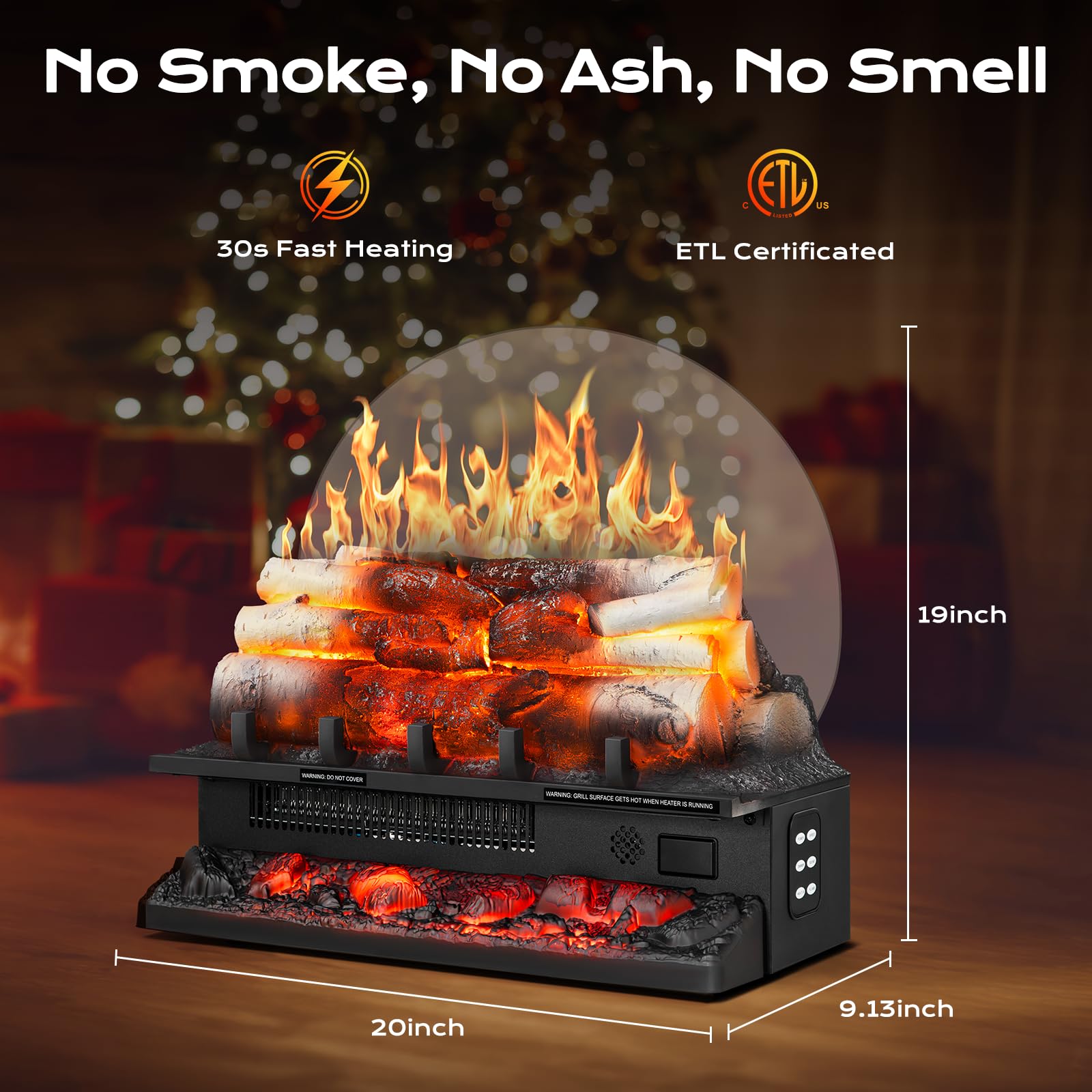 Electric Fireplace Log Heater 750W/1500W, 20" Electric Fireplace Insert with Adjustable 5 Flame Brightness&Speed/3 Music Sounds/Remote Control/8Hrs Timer for Home, Room, Office Decor