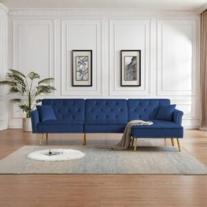 L Shaped Futon Sofa Bed with Movable Ottoman, Modern Velvet Upholstery Reversible Sectional Couch with 3 Adjustable Backrest,Sturdy Sleeper Sofa for Living Room and Bedroom