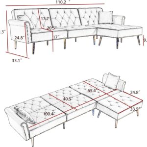 L Shaped Futon Sofa Bed with Movable Ottoman, Modern Velvet Upholstery Reversible Sectional Couch with 3 Adjustable Backrest,Sturdy Sleeper Sofa for Living Room and Bedroom