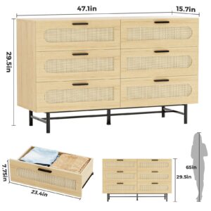 Vrullu 6 Drawer Double Dresser for Bedroom, Natural Rattan Chest with Drawers, Modern Wood Boho Dresser with Handles, Storage Closet for Closet, Living Room and Entryway (Round Pattern Drawer)