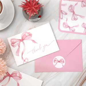 Whaline 24Pcs Pink Bow Thank You Cards with Envelopes and Stickers Watercolor Bow Greeting Cards Pink Blank Note Cards for Party Supplies