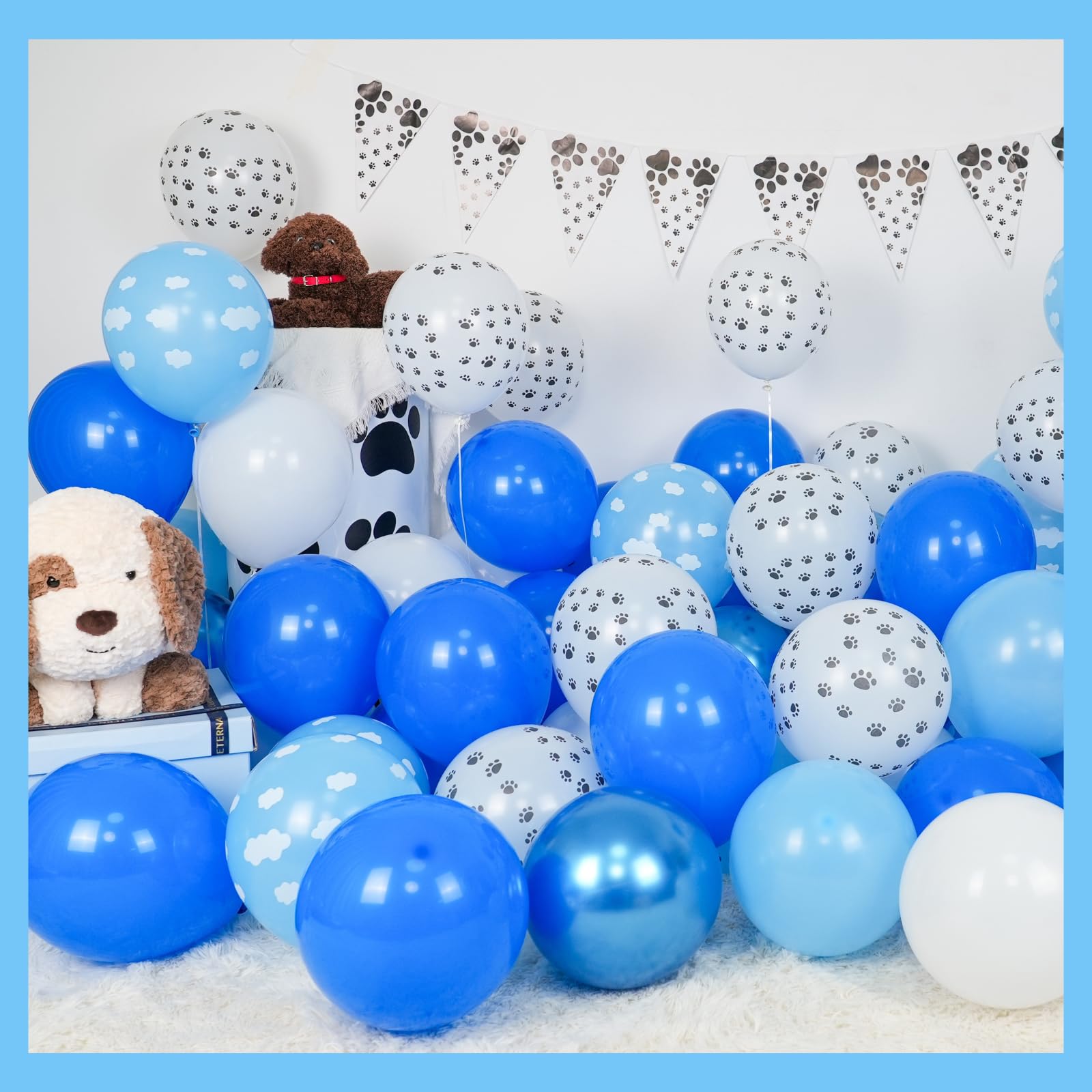 Dog Paw Balloons,12 Inch Blue White Balloons 50Pcs Paw Print Balloons with Blue Cloud Metallic Blue Balloons for Boys and Girls Birthday Baby Shower Graduation Dog Birthday Party Decoration