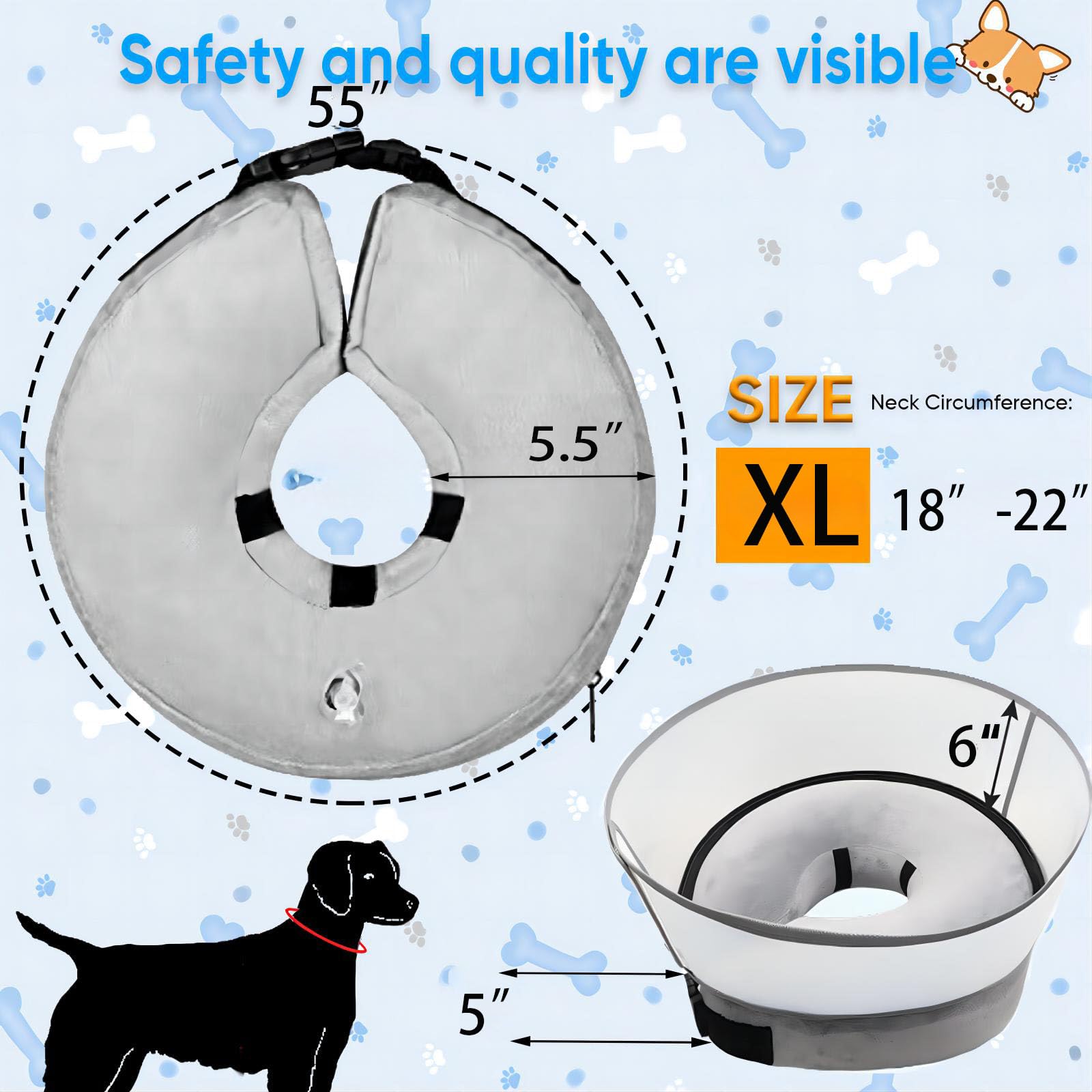 Inflatable Dog Cone Collar ，2-in-1 Inflatable Dog Cone with Detachable Anti-Licking Shield，Soft Cones for Dogs After Surgery,Soft Cone for Dogs Does Not Block Vision. (Grey, XL(Neck:18-22”))