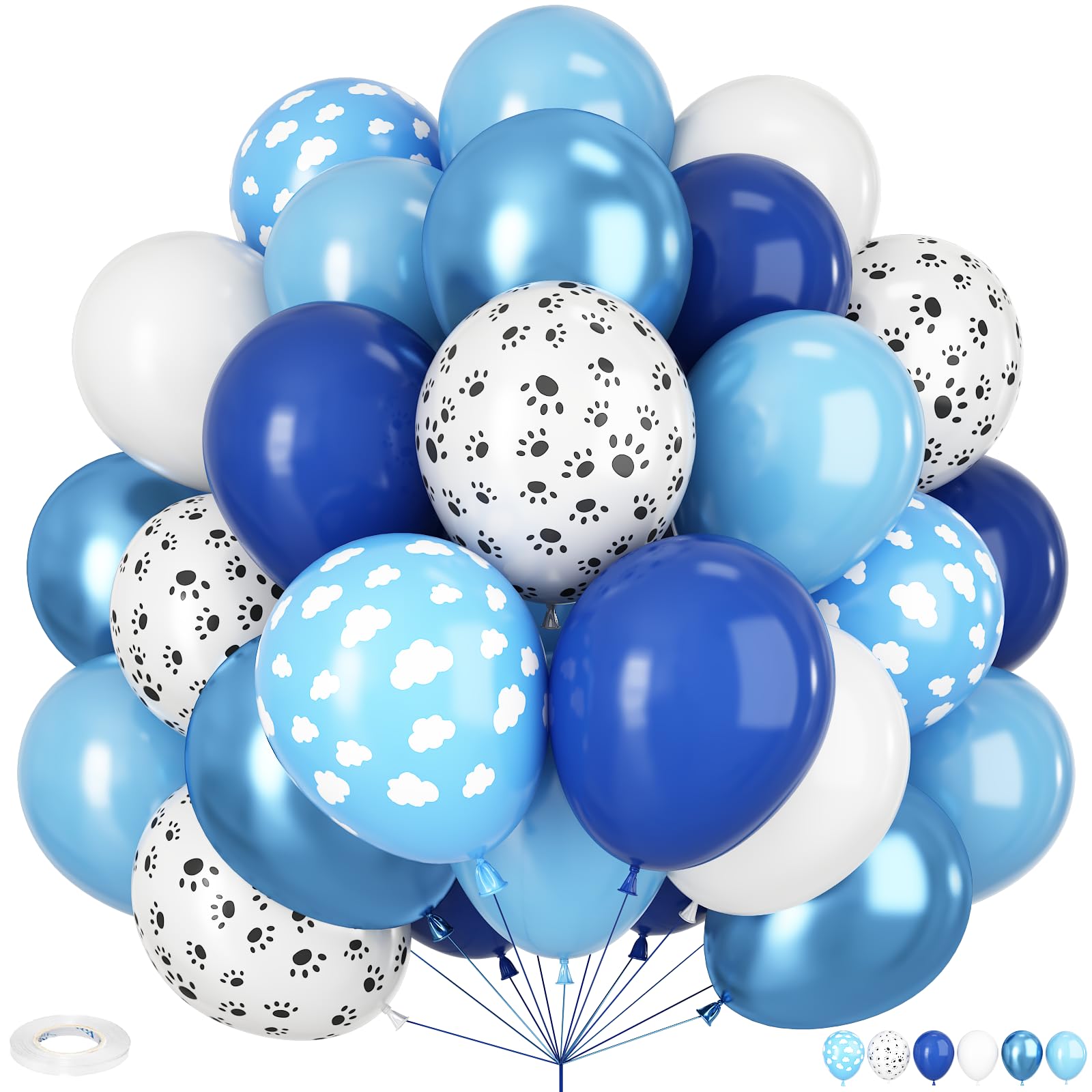 Dog Paw Balloons,12 Inch Blue White Balloons 50Pcs Paw Print Balloons with Blue Cloud Metallic Blue Balloons for Boys and Girls Birthday Baby Shower Graduation Dog Birthday Party Decoration