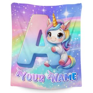 cuspcod unicorn blanket gifts for girls - custom blanket with name gifts ideal - personalized initial blanket for unicorn lovers - 40"x50" kids throw blanket for couch, sofa - monogram blankets gifts