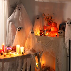 Xtinmee 5.2ft x 98ft Halloween Creepy Cloth White Spooky Fabric Cloth Scary Gauze Cloth and 32 Pcs Adhesive Ghost Halloween Stickers for Halloween DIY Projects Yard Wall Outdoor Party Decoration