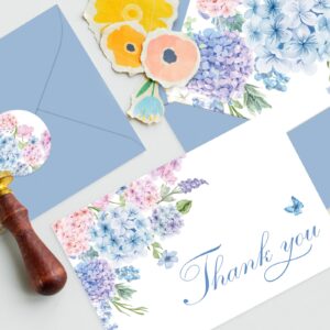 Whaline 24Pcs Blue Hydrangeas Thank You Cards with Envelopes and Stickers Blue Pink Floral Greeting Cards Flower Blank Note Cards for Party Supplies