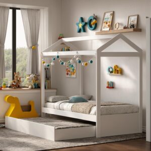 pvwiik twin size floor bed with trundle & roof design for kids, girls, boys,solid wood bedframe,easy assembly & no box spring needed, white