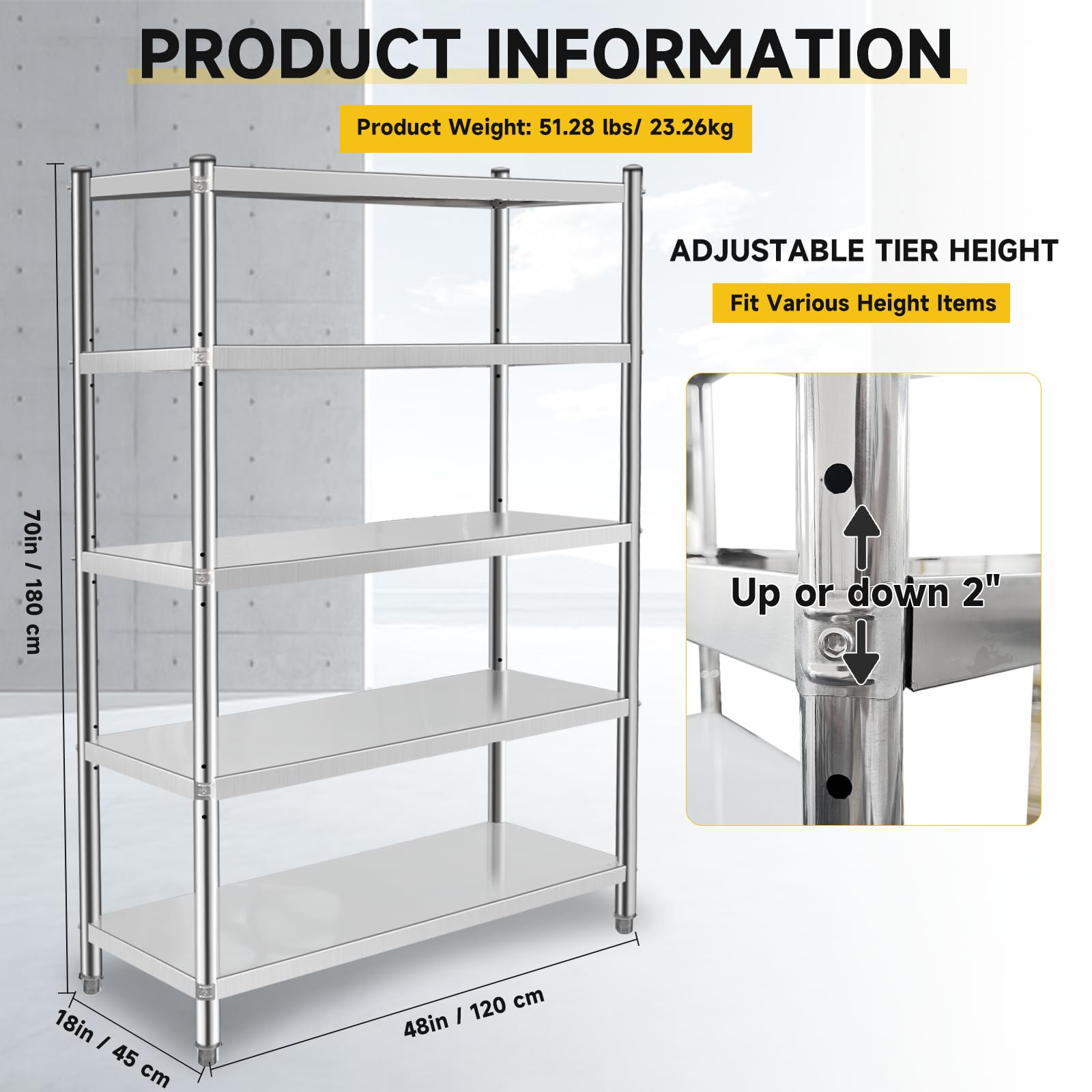 SGOLAN Stainless Steel Shelves 48x18x70 Inch Storage Rack 5 Tier Shelving Units and Storage Adjustable Stainless Steel Rack Shelving, Storage Shelves for Kitchen Commercial Office