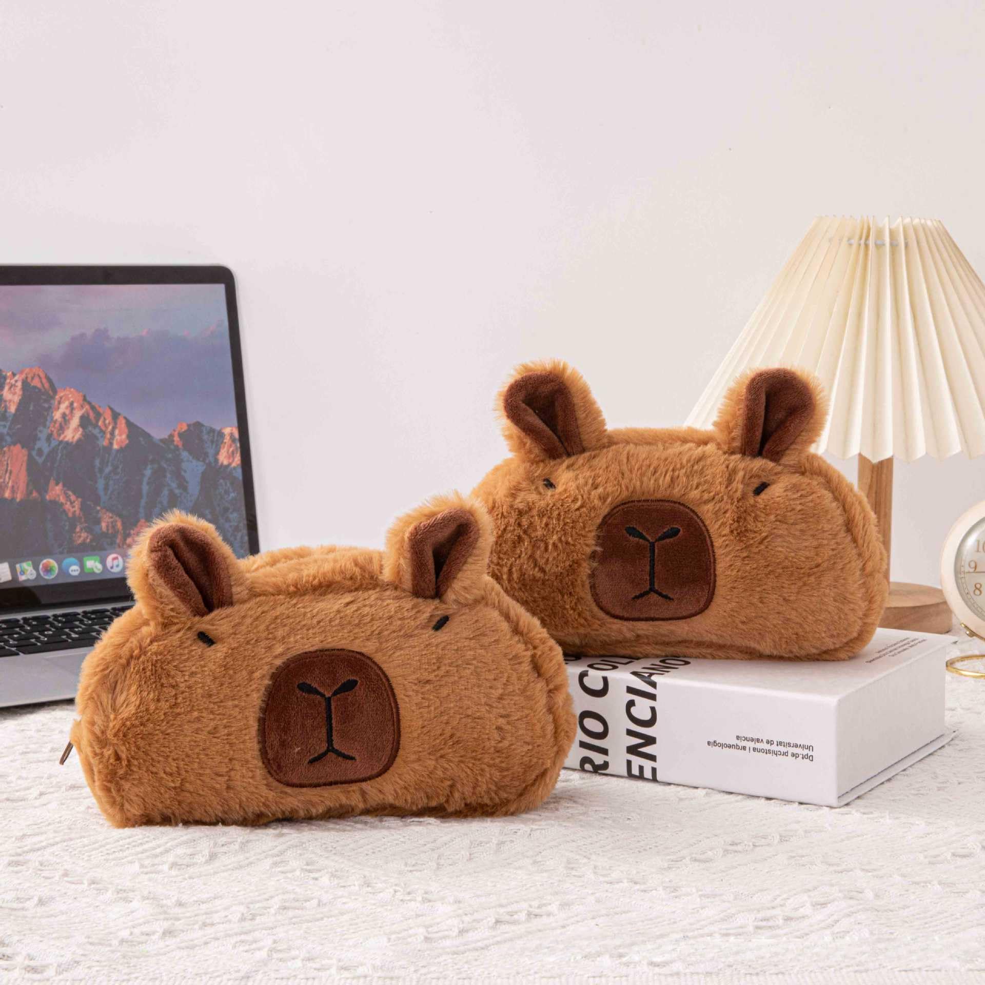 Novelty Funny Calm Down Brown Capybara Big Eyes Seagull Bird Big Mouth Green Frog Soft Stuffed Surface Fluffy Clothes Zipper Pencil Box Pencil Case Pencil Storage Holder Pouch Pen Bag -Capybara