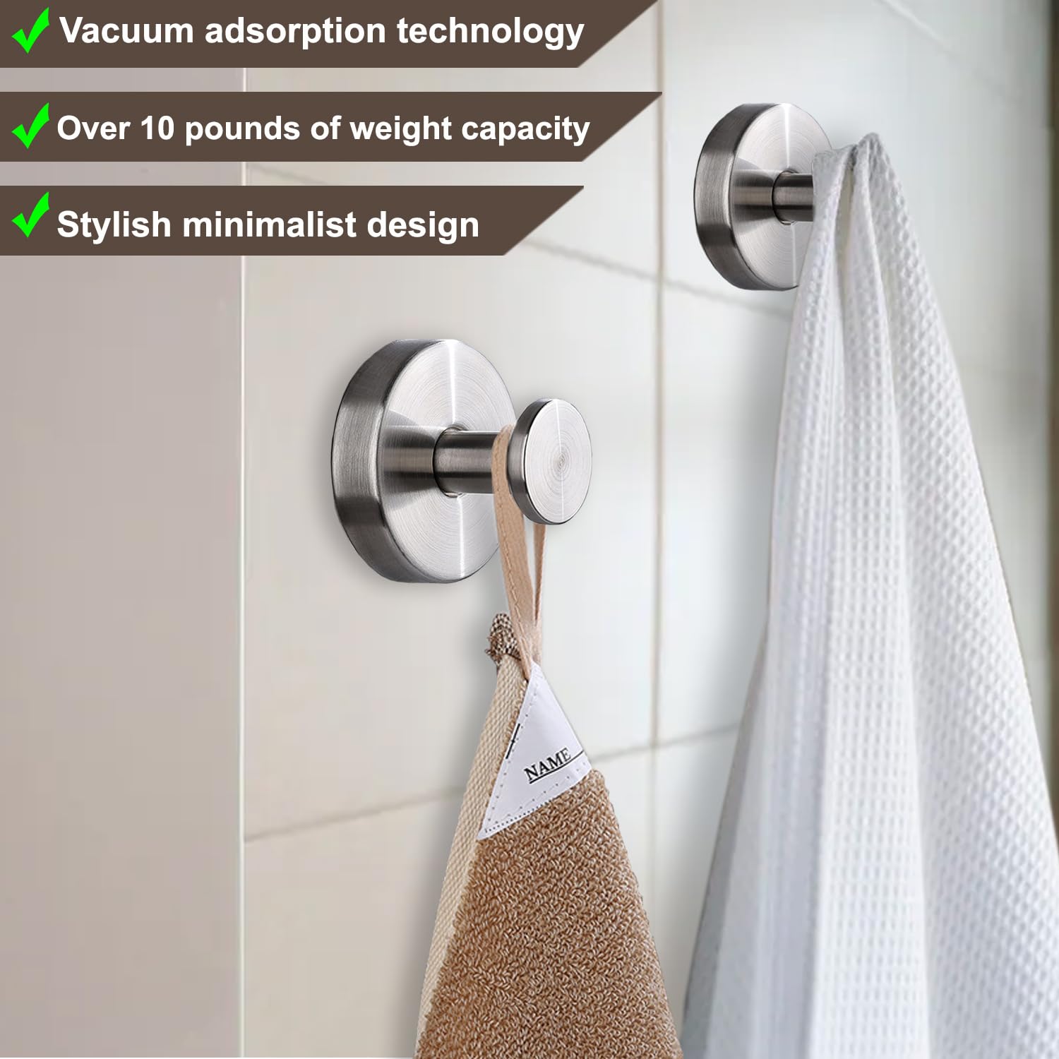 Hendiy Suction Cup Hooks, Towel Hooks for Bathrooms Stainless Steel Waterproof Suction Cup Hooks for Shower, Mounting on Glass Shower Doors, Tile, Suction Hooks on Bathroom or Kitchen 2 Pack