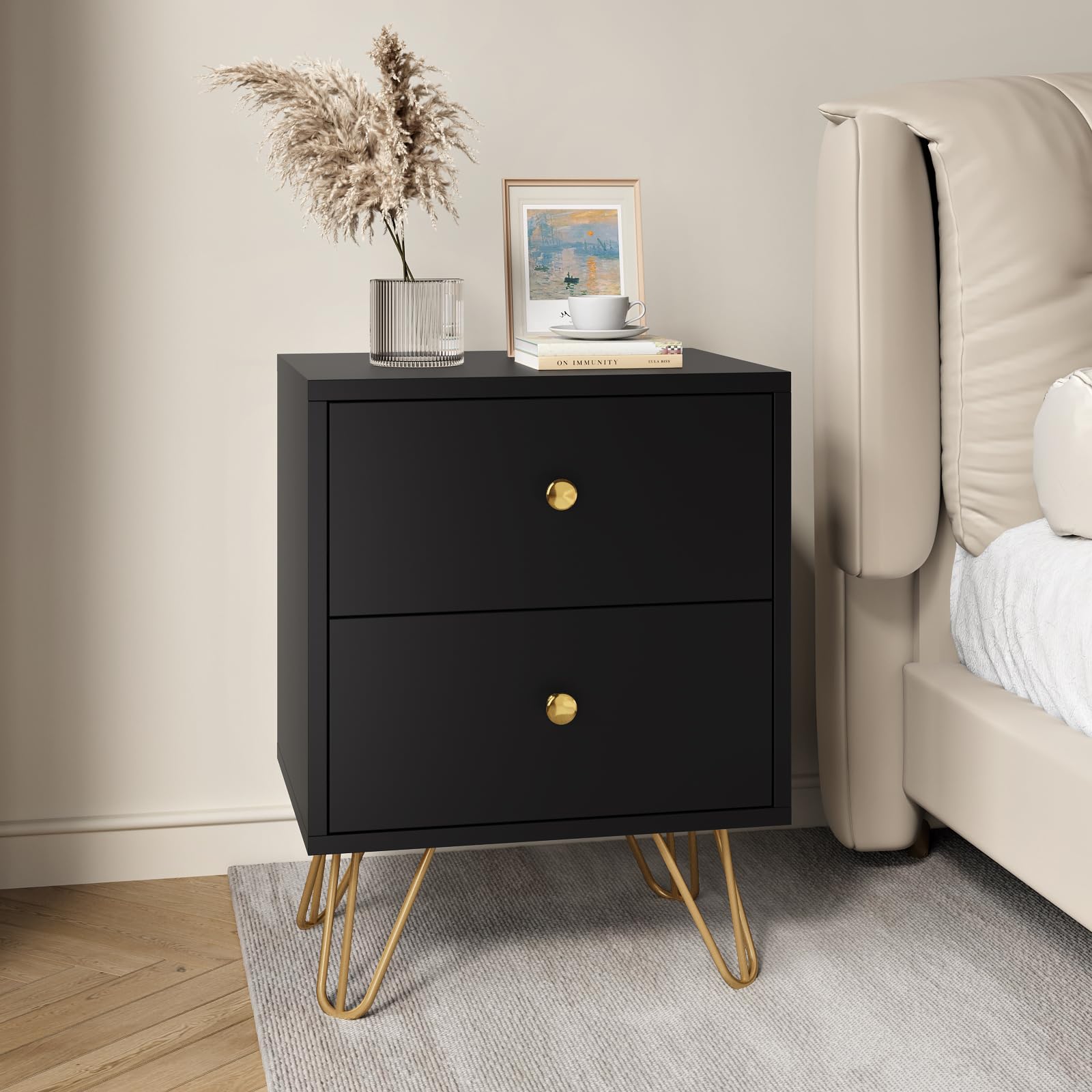 Tradare 6 Drawer Dresser and Night Stand Sets for Bedroom, Two Drawers Nightstand Set of 2 & 6 Drawer Dresser with Gold Handle, Modern Black and Gold Dresser Set