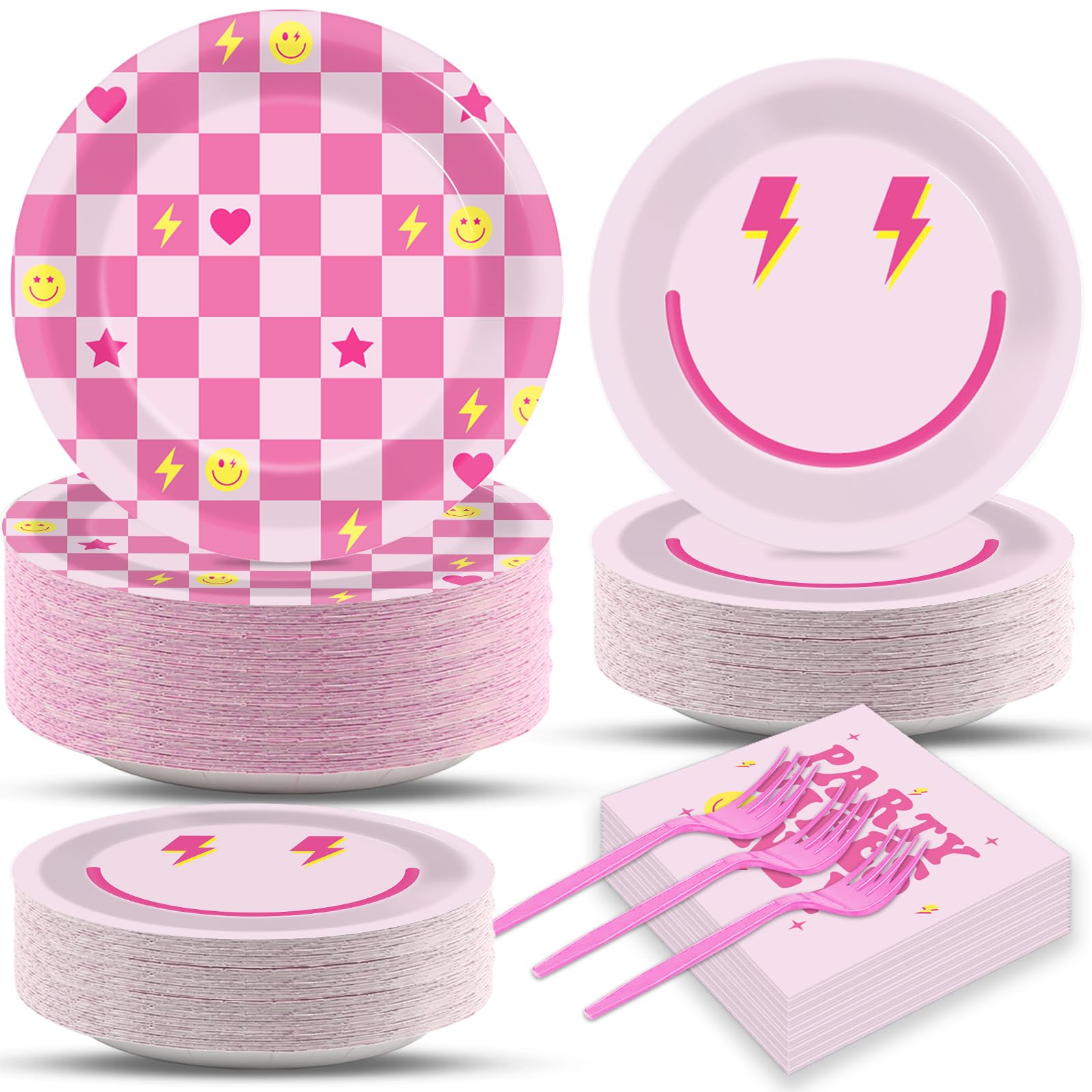 200Pcs Preppy Party Supplies Pink Smile Face Paper Plates Napkins Preppy Smile Face Party Tableware Set Preppy Smile Face Dinnerware for Birthday Party Bachelor Baby Shower Decoration Serve 50