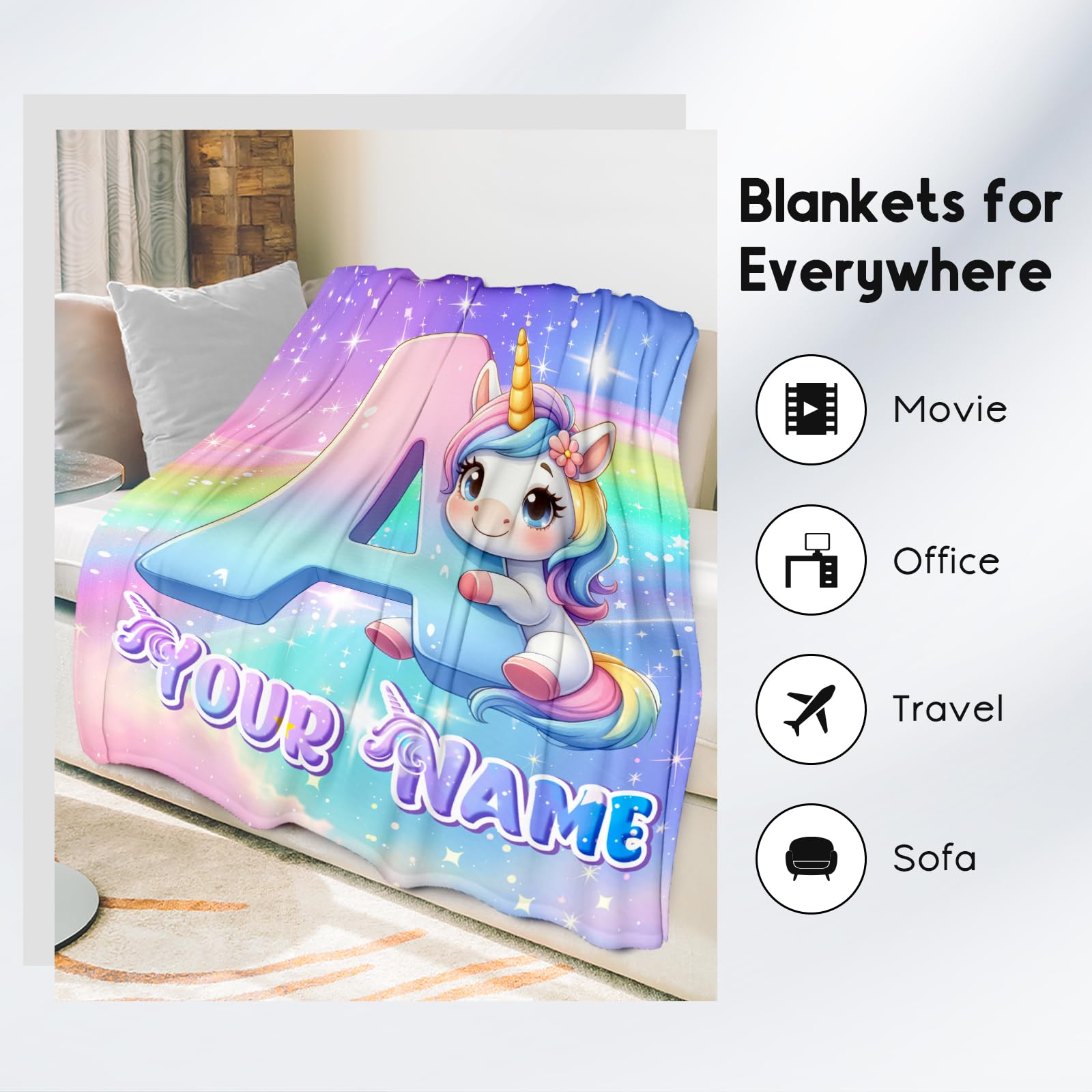 CUSPCOD Unicorn Blanket Gifts for Girls - Custom Blanket with Name Gifts Ideal - Personalized Initial Blanket for Unicorn Lovers - 40"x50" Kids Throw Blanket for Couch, Sofa - Monogram Blankets Gifts