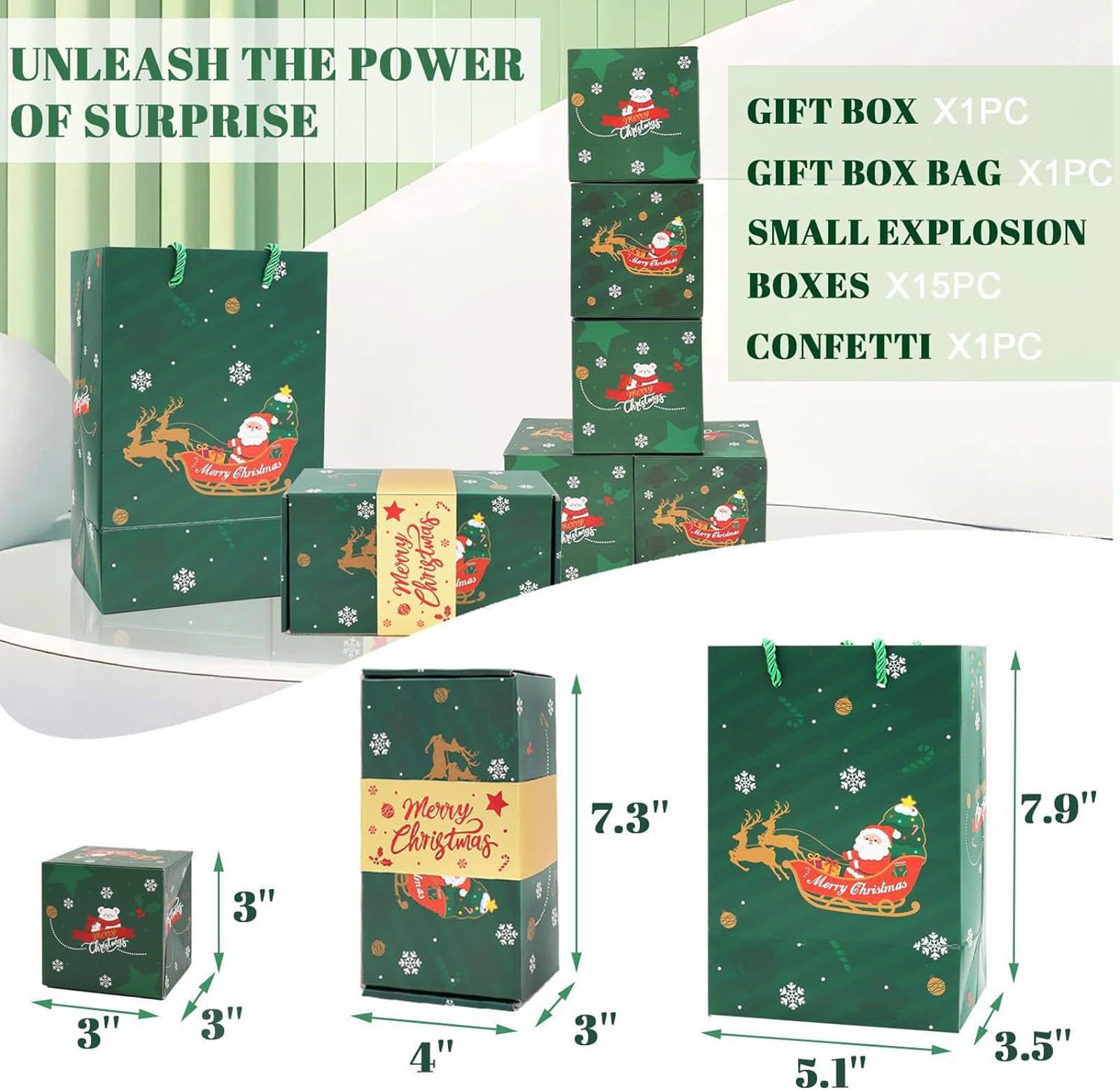 Merry Christmas Surprise Gift Box Explosion for Money - Money Gift Box Explosion with Reindeer Santa Claus- Pop Out Folding Bounce Explosion Gift Box (Green-9pc)