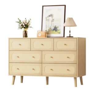 wananlanen rattan dresser for bedroom, wood boho 7 drawer chest of drawer with storage and gold handle, modern natural rattan dresser for living room, hallway, entryway