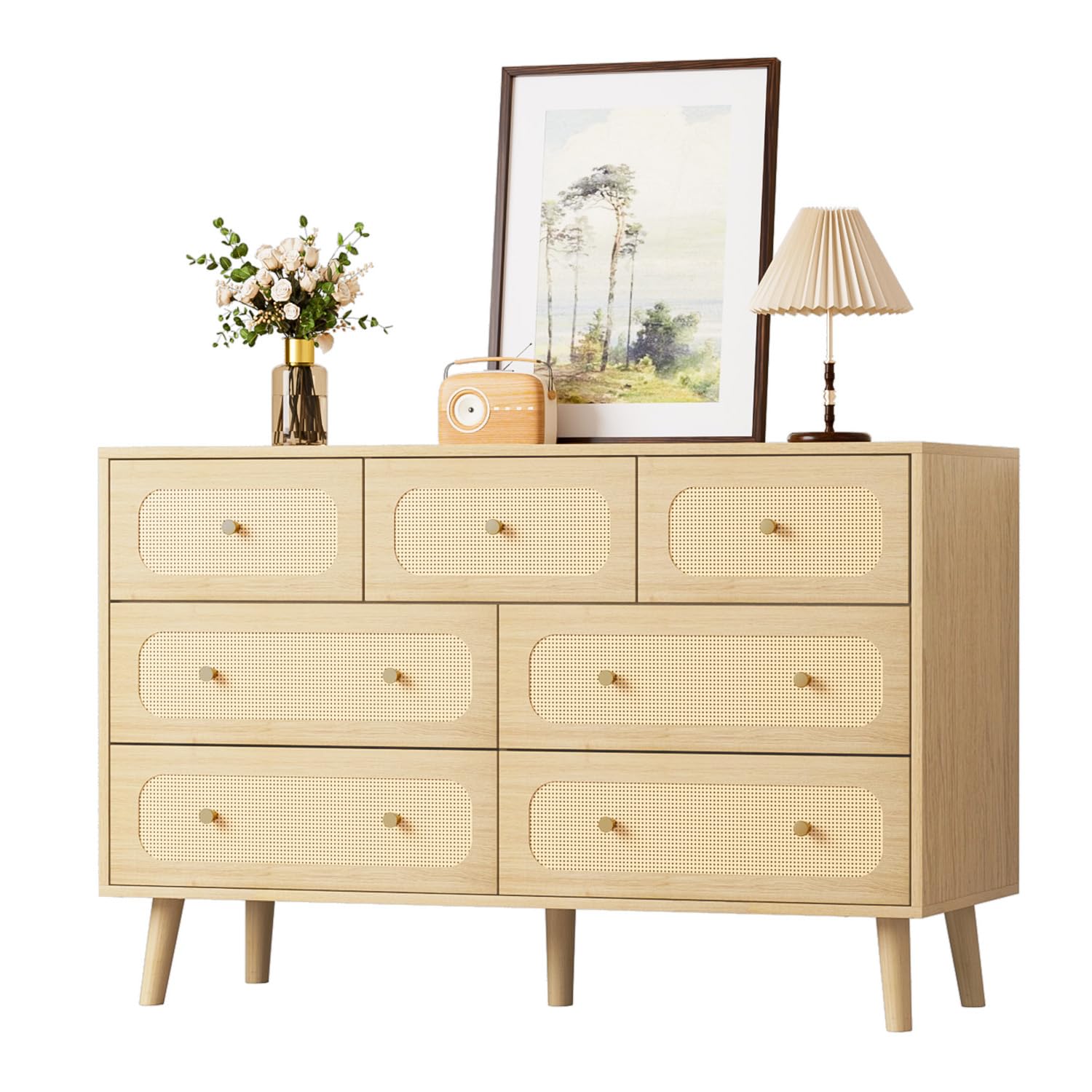 Wananlanen Rattan Dresser for Bedroom, Wood Boho 7 Drawer Chest of Drawer with Storage and Gold Handle, Modern Natural Rattan Dresser for Living Room, Hallway, Entryway