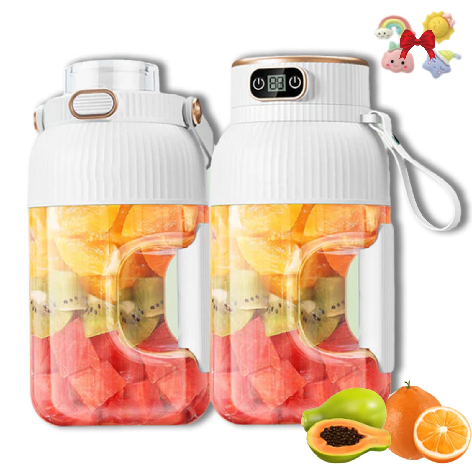 Yulyoie Multifunctional Portable Juicer Cup with Digital Display 2024 New, Portable Smoothie Blender on the Go, Portable Blender USB Rechargeable, Juice Cup Blender (White-Double cups and lids)