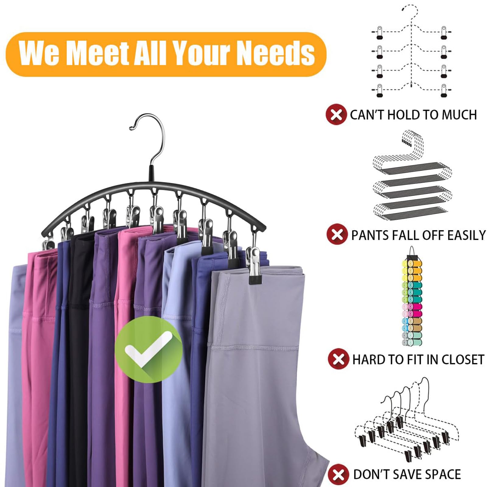 Hendiy Legging Organizer for Closet, Pants Hangers 3 Pack w/10 Clips Holds 30 Leggings, Leggings/Shorts/Jeans/Skirts/Pants Hangers w/Rubber Coated, Space Saving Hanging Closet Organizer