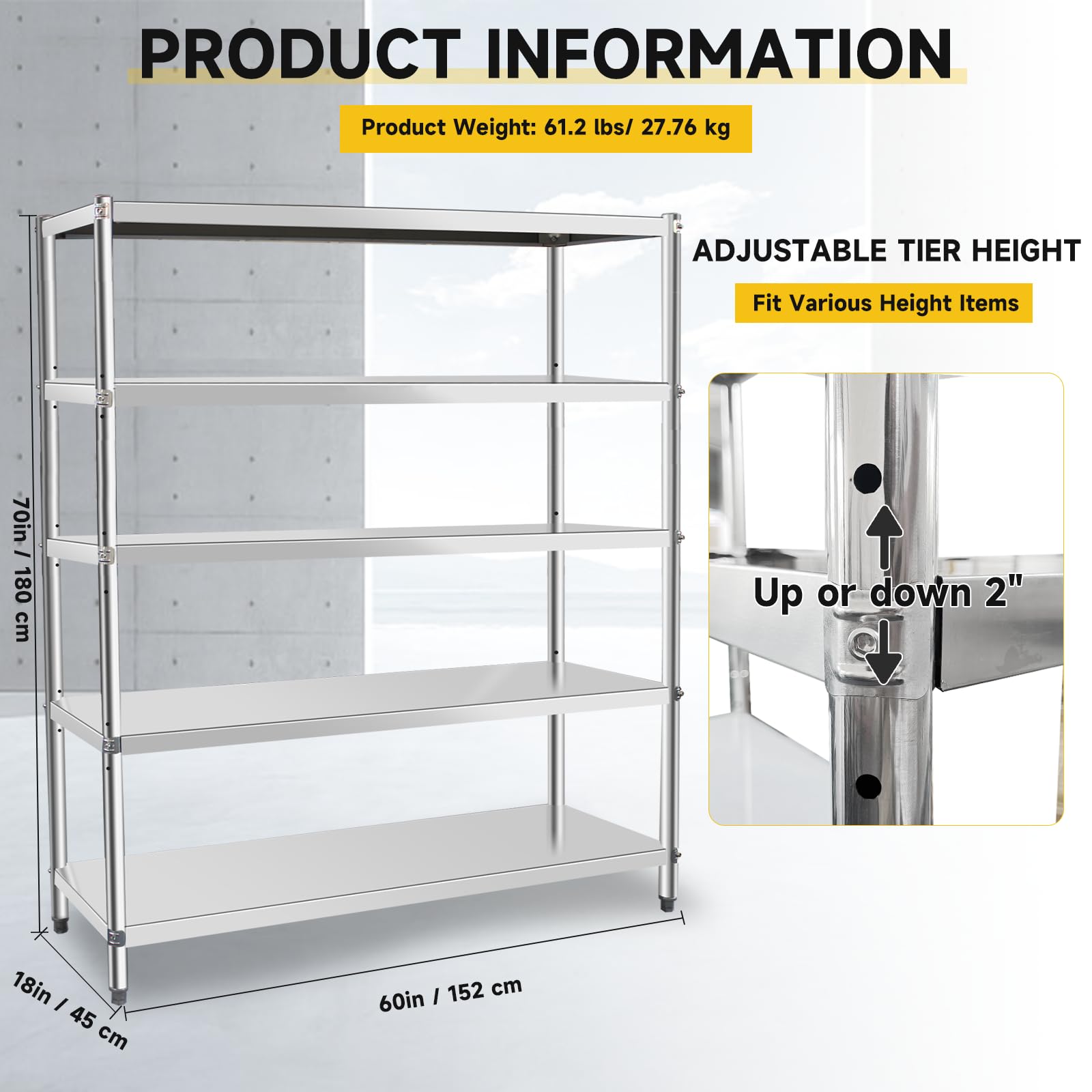 SGOLAN Stainless Steel Shelves 60x18x70 Inch Storage Rack 5 Tier Shelving Units and Storage Adjustable Stainless Steel Rack Shelving, Storage Shelves for Kitchen Commercial Office