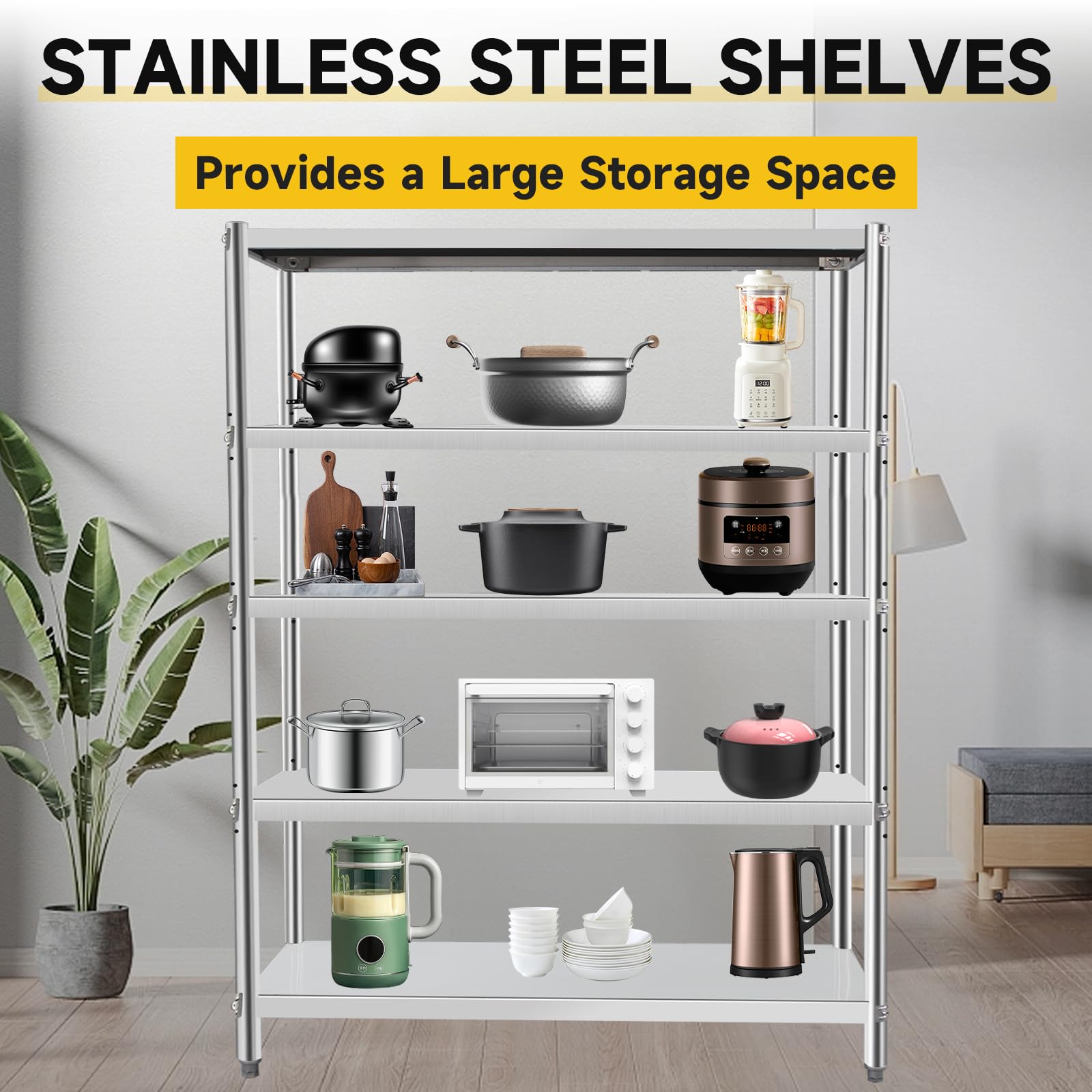 SGOLAN Stainless Steel Shelves 48x18x70 Inch Storage Rack 5 Tier Shelving Units and Storage Adjustable Stainless Steel Rack Shelving, Storage Shelves for Kitchen Commercial Office