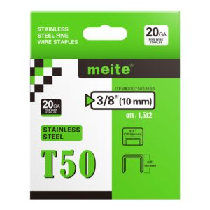 meite t50 stainless steel staples, 3/8 inch heavy duty 304 stainless steel staples for staple gun - 1512 counts, t50 staple gun staples, 20 gauge 3/8 inch crown upholstery staples