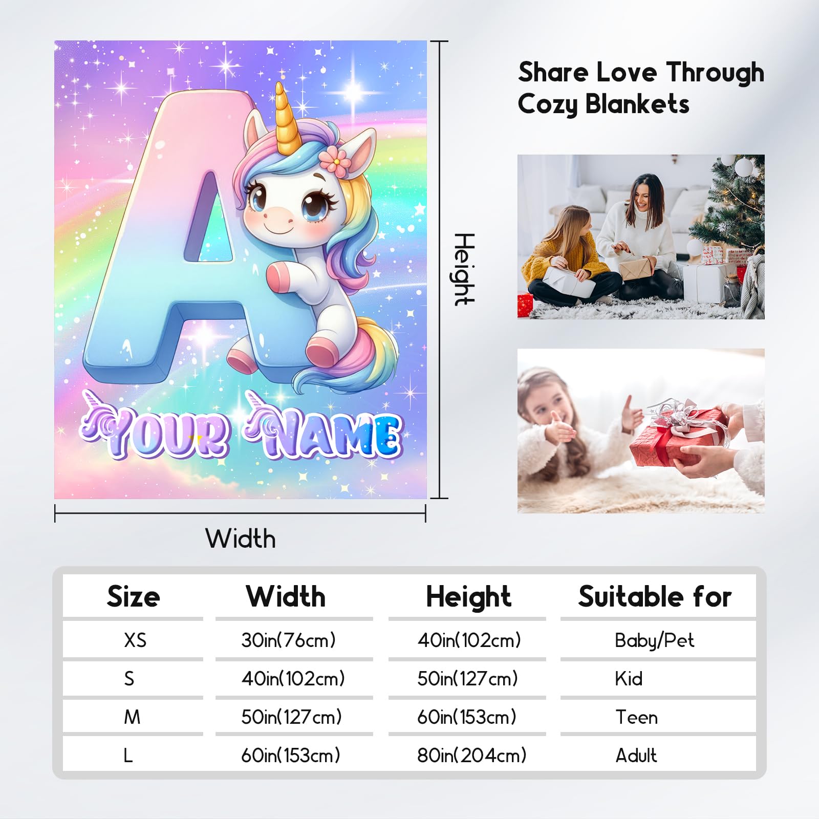 CUSPCOD Unicorn Blanket Gifts for Girls - Custom Blanket with Name Gifts Ideal - Personalized Initial Blanket for Unicorn Lovers - 40"x50" Kids Throw Blanket for Couch, Sofa - Monogram Blankets Gifts