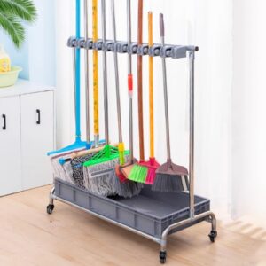 omesda stainless steel mop rack, broom holder organizer, movable closet storage cabinet janitor carts on wheels, cleaning supplies organizer