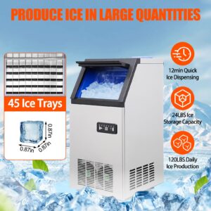 ExploreHorizon Commercial Ice Maker Machine,120 lbs of Ice Production per 24 Hours with 24 lbs Storage Bin, 45 Ice Trays, and 12-15 Min Quick Ice Dispensing; Freestanding Unit with Scoop