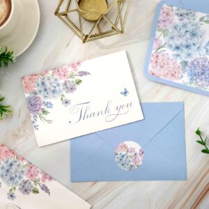 Whaline 24Pcs Blue Hydrangeas Thank You Cards with Envelopes and Stickers Blue Pink Floral Greeting Cards Flower Blank Note Cards for Party Supplies