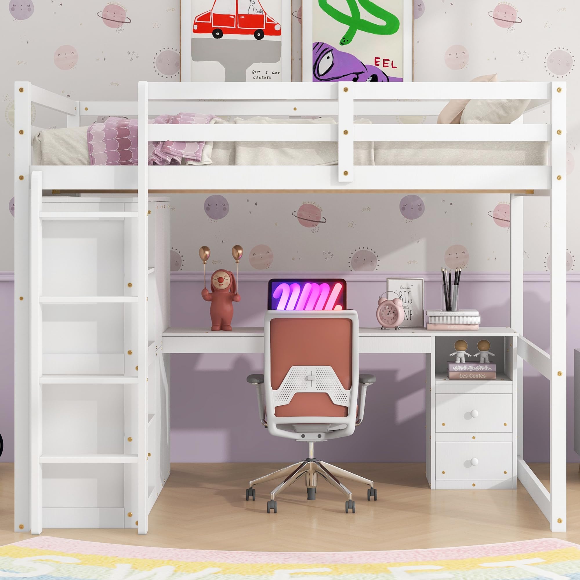 Full Size Loft Bed with Wardrobe and Desk, Wood Loft Bed Frame with Storage Shelves and Drawers for Adults Teens and Kids, White