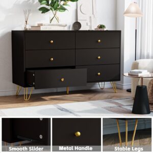 Tradare 6 Drawer Dresser and Night Stand Sets for Bedroom, Two Drawers Nightstand Set of 2 & 6 Drawer Dresser with Gold Handle, Modern Black and Gold Dresser Set