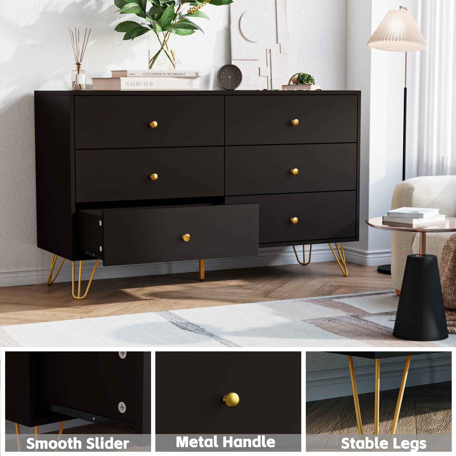 Tradare 6 Drawer Dresser and Night Stand Sets for Bedroom, Two Drawers Nightstand Set of 2 & 6 Drawer Dresser with Gold Handle, Modern Black and Gold Dresser Set