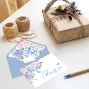 Whaline 24Pcs Blue Hydrangeas Thank You Cards with Envelopes and Stickers Blue Pink Floral Greeting Cards Flower Blank Note Cards for Party Supplies