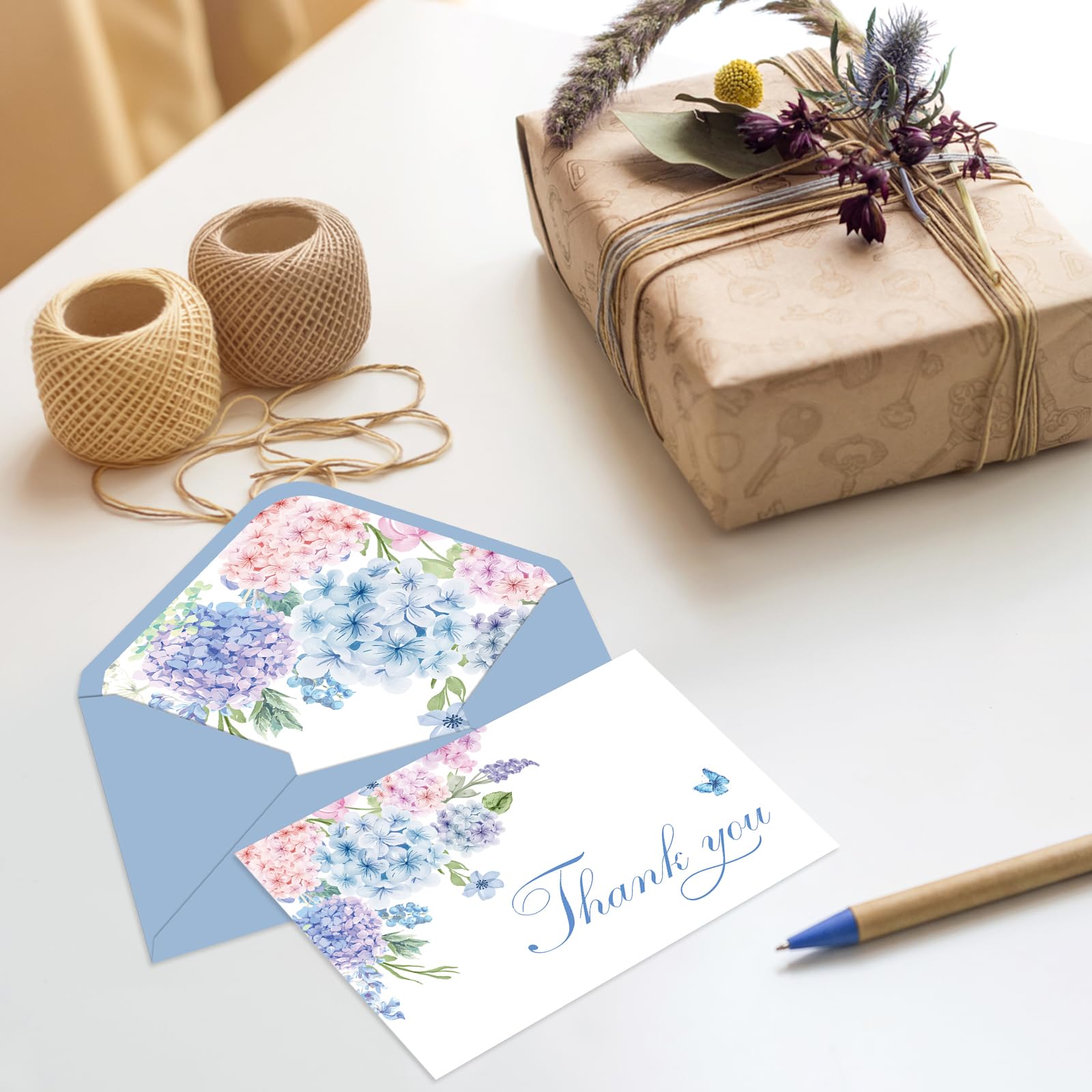 Whaline 24Pcs Blue Hydrangeas Thank You Cards with Envelopes and Stickers Blue Pink Floral Greeting Cards Flower Blank Note Cards for Party Supplies