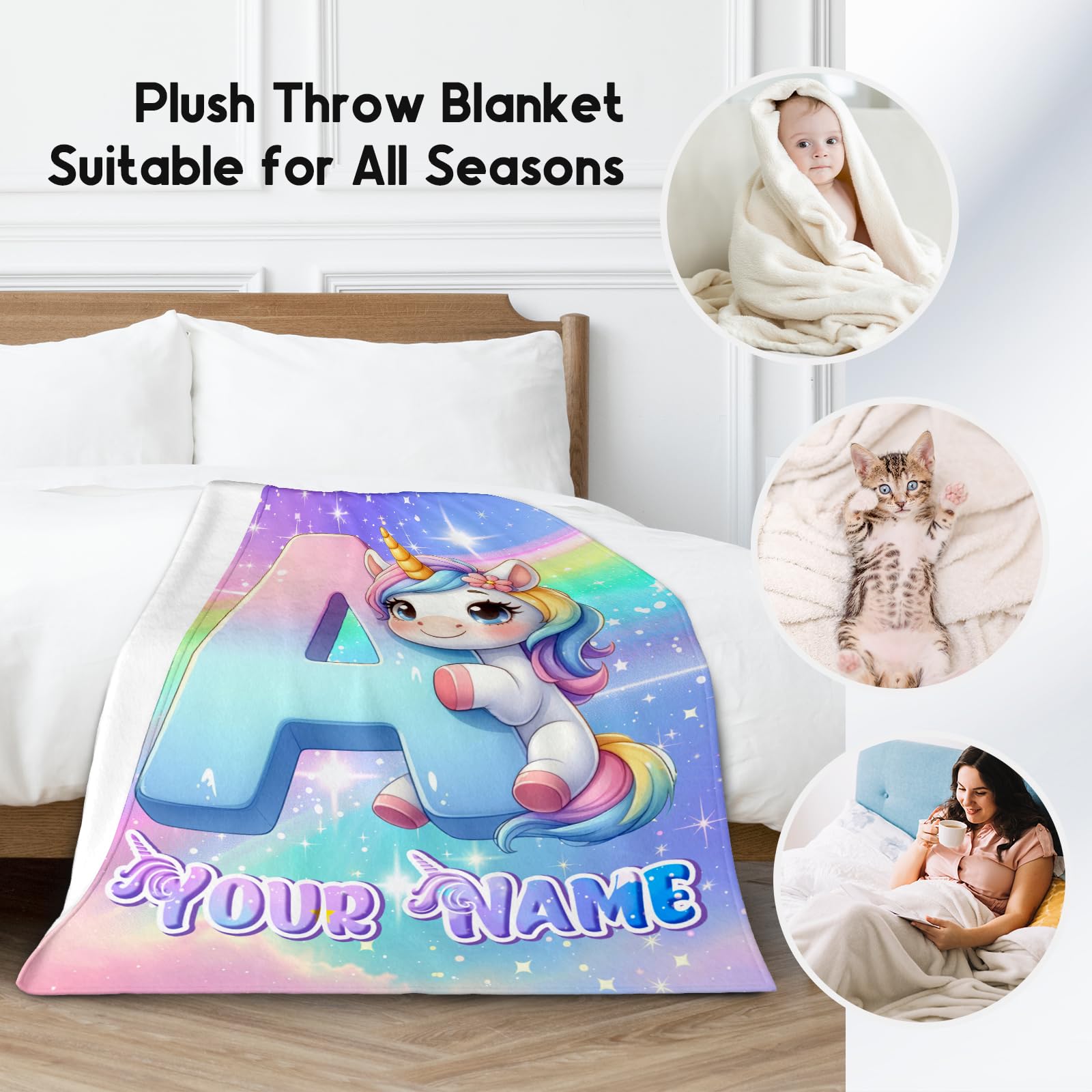 CUSPCOD Unicorn Blanket Gifts for Girls - Custom Blanket with Name Gifts Ideal - Personalized Initial Blanket for Unicorn Lovers - 40"x50" Kids Throw Blanket for Couch, Sofa - Monogram Blankets Gifts