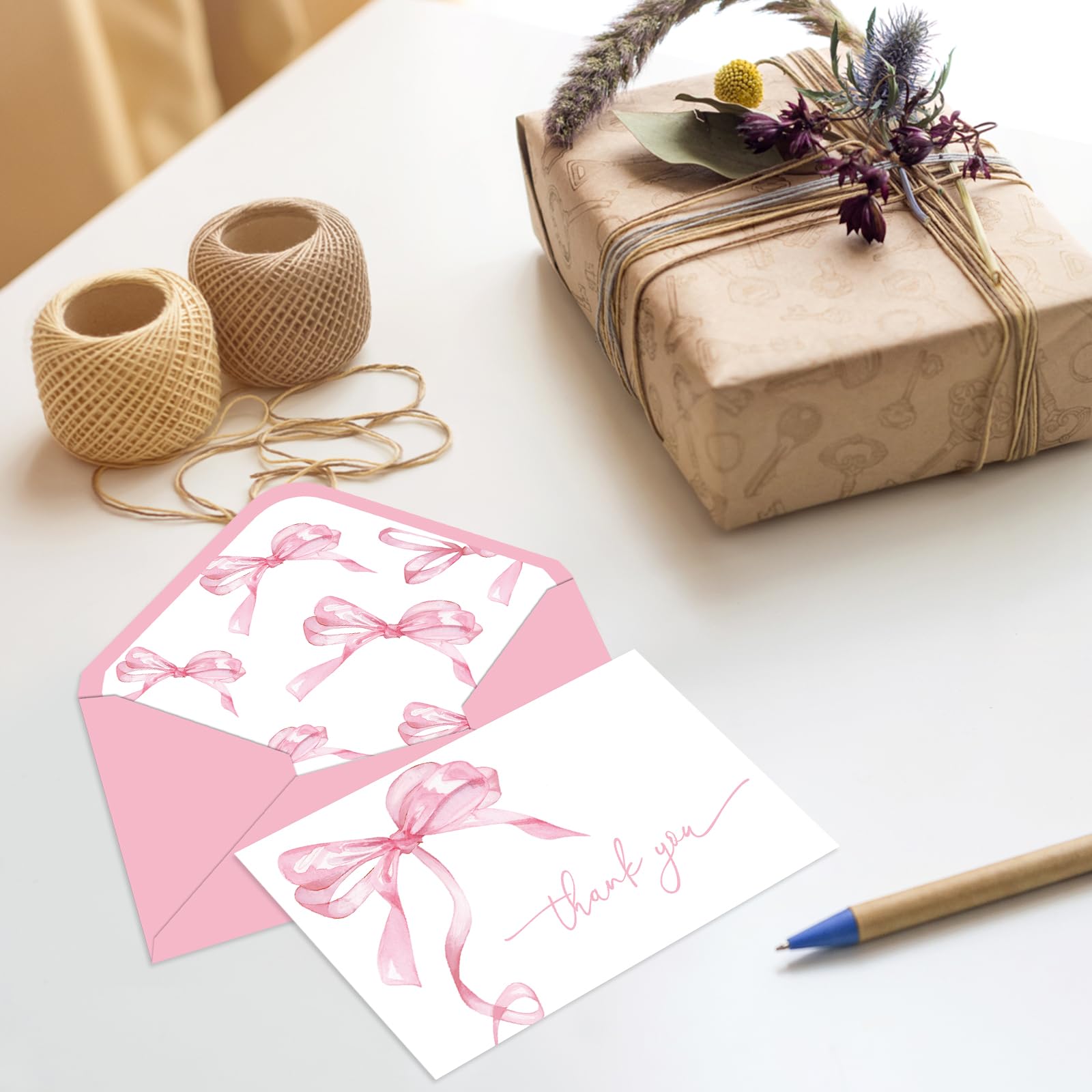 Whaline 24Pcs Pink Bow Thank You Cards with Envelopes and Stickers Watercolor Bow Greeting Cards Pink Blank Note Cards for Party Supplies