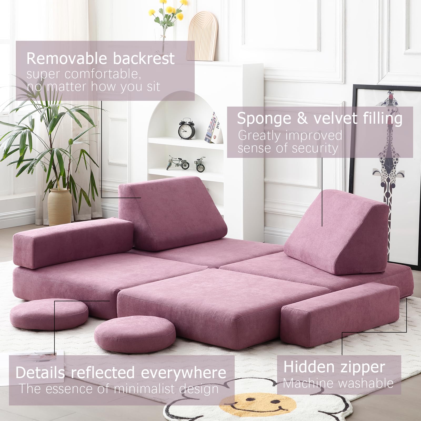 Emtmpbve Kig's Game Module Sofa - Folding Floor Sofa 8-Piece Set for Boys and Girls, Bedroom Playroom Multifunctional Furniture Creative Climbing (Purple)